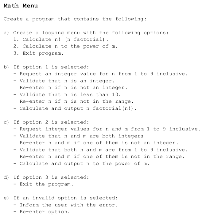 Solved Math Menu Create a program that contains the | Chegg.com