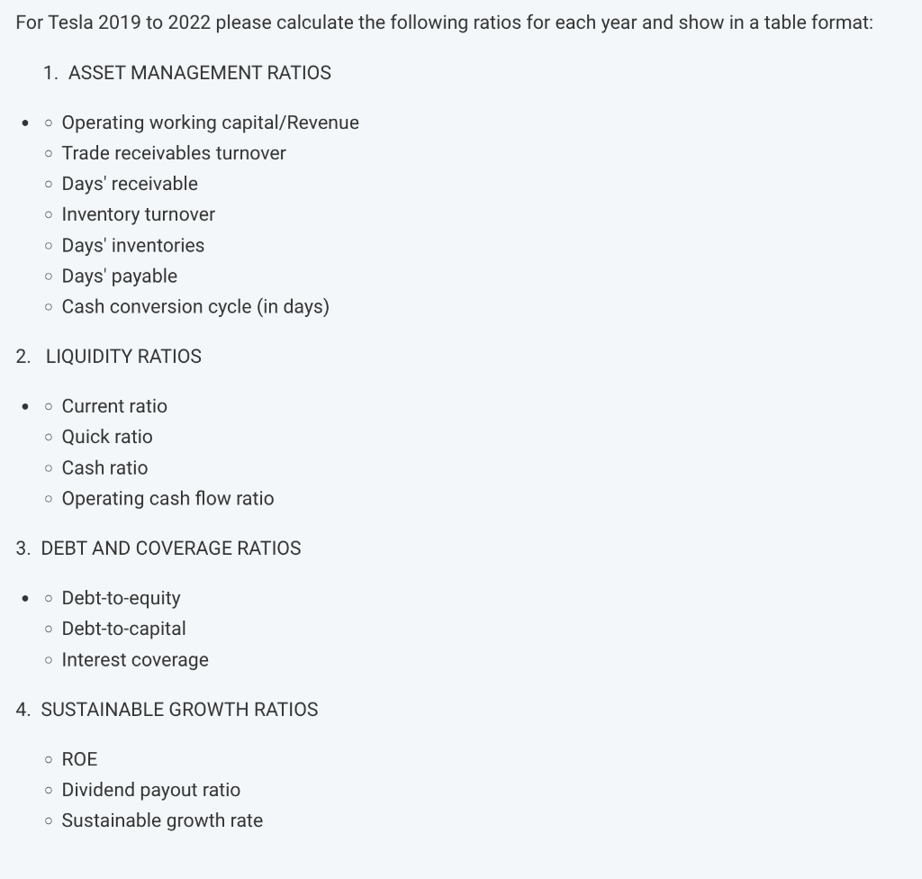Solved For Tesla 2019 to 2022 please calculate the following | Chegg.com