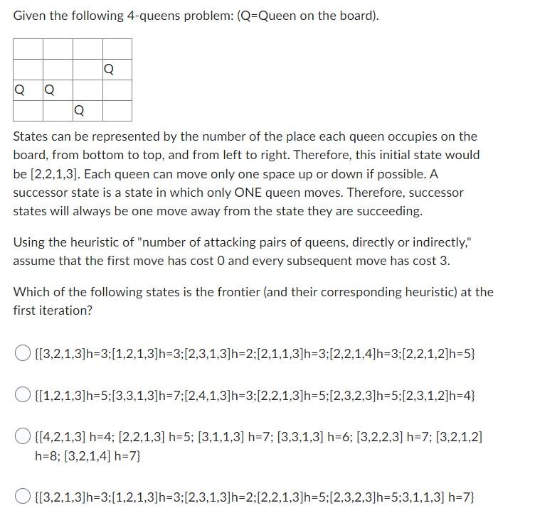 Solved Given the following 4-queens problem: (Q=Queen on the | Chegg.com