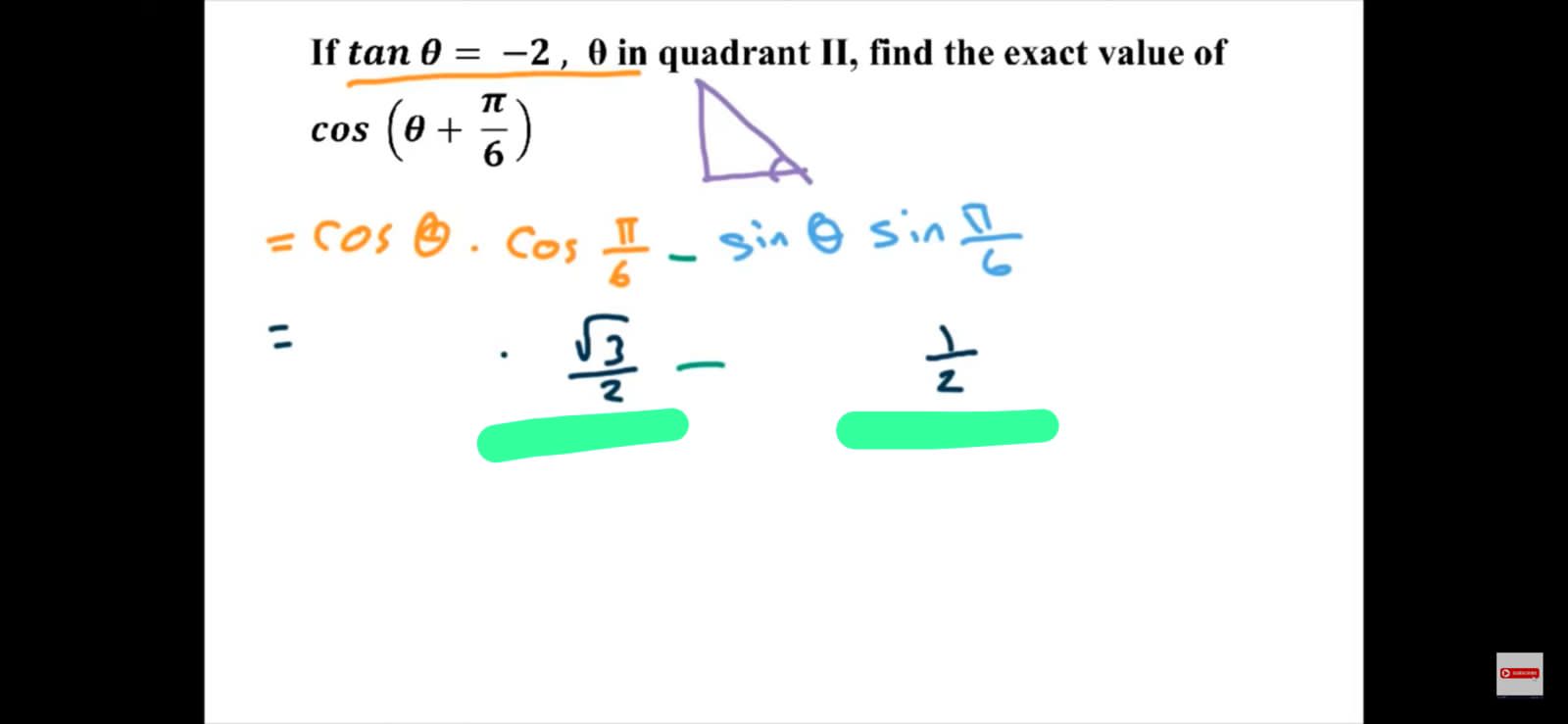 Solved If tanθ=−2,θ in quadrant II, find the exact value of | Chegg.com