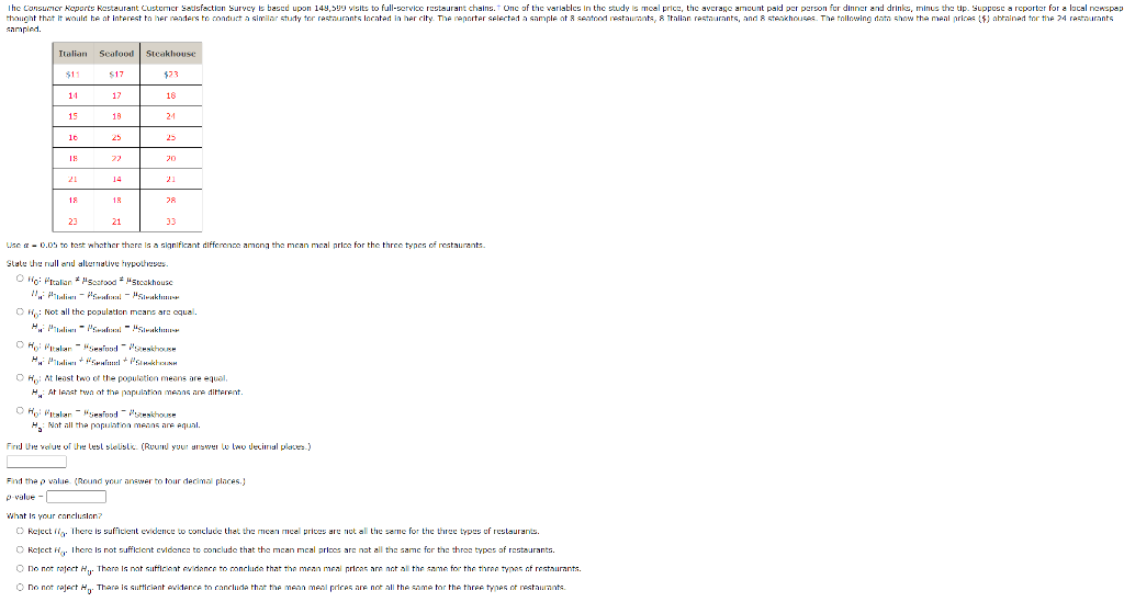 Solved The Consumer Reports Restaurant Customer Satisfaction | Chegg.com