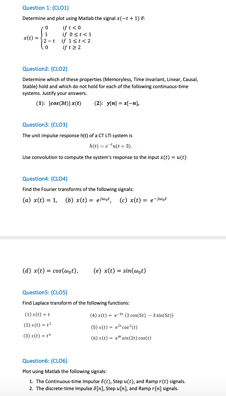 Solved Question 1: (CLO1) Determine and plot using Matlab | Chegg.com