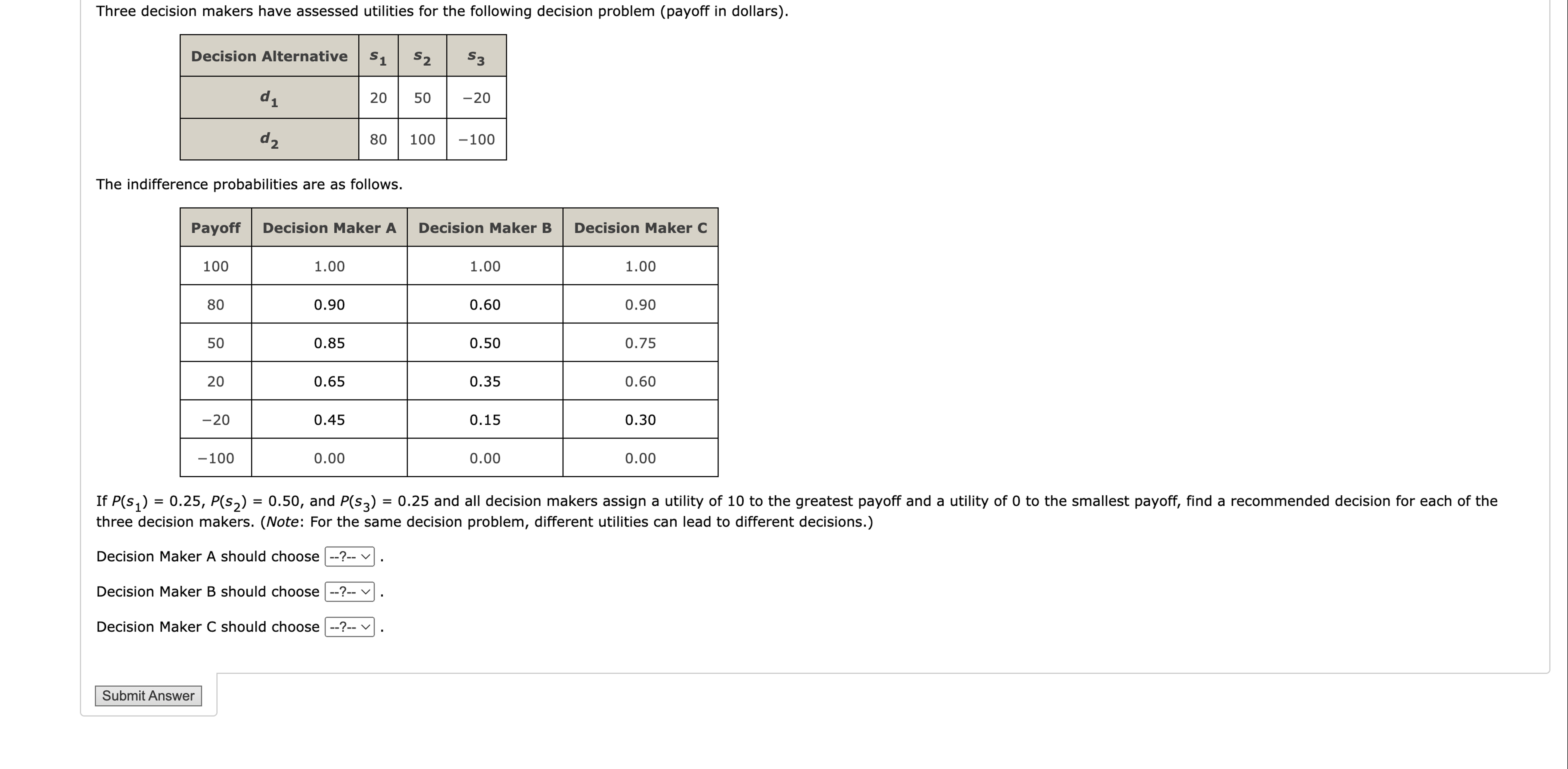 Solved Three decision makers have assessed utilities for the | Chegg.com