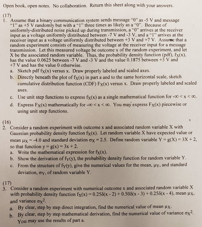 Solved Open book, open notes. No collaboration. Return this | Chegg.com