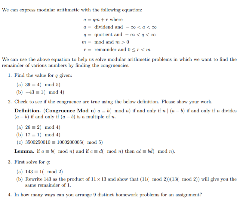 Solved We can express modular arithmetic with the following | Chegg.com