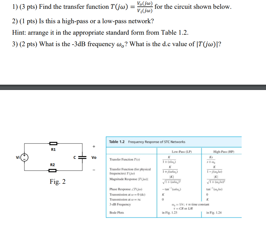 Solved = V.(jw) 1) (3 pts) Find the transfer function T(jw) | Chegg.com