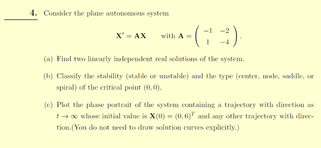Solved 4. Consider the plane autonomous system X' = AX with | Chegg.com
