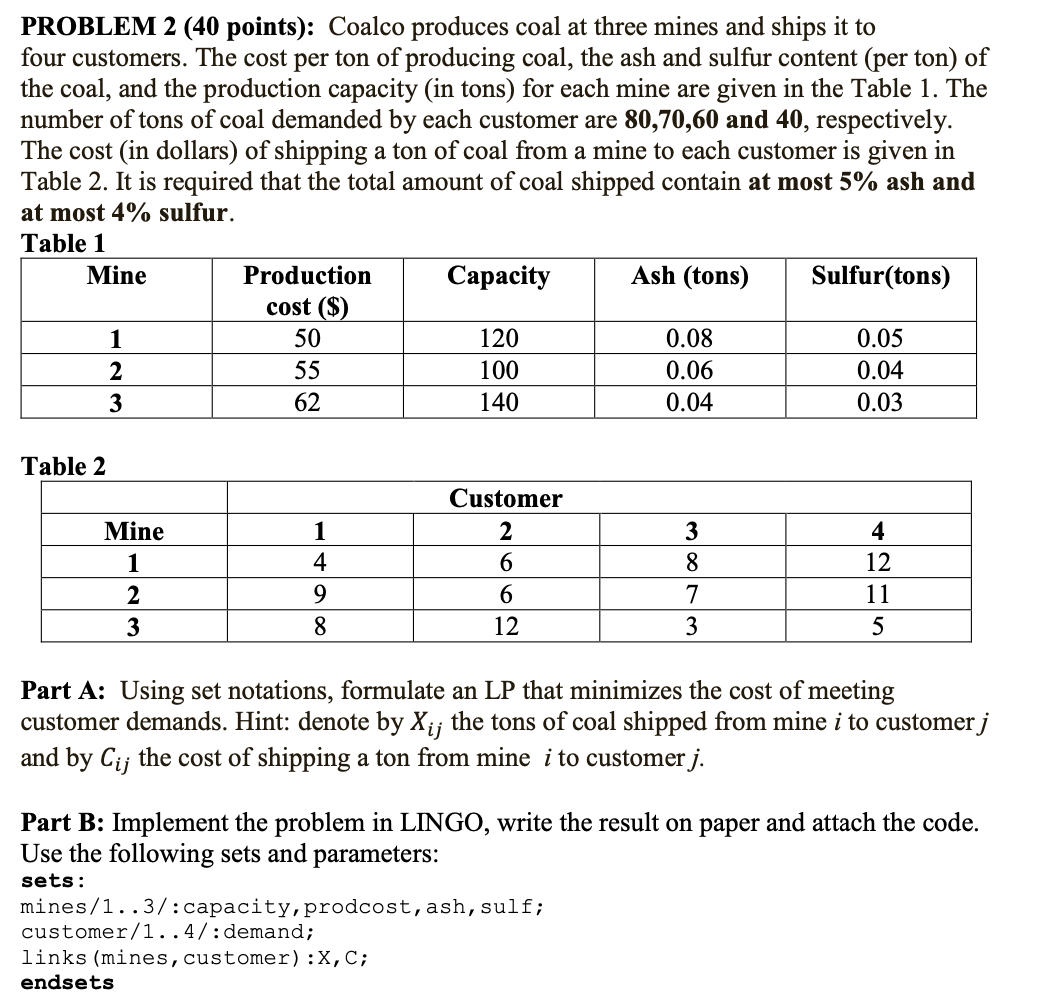 Solved PROBLEM 2 (40 points): Coalco produces coal at three | Chegg.com