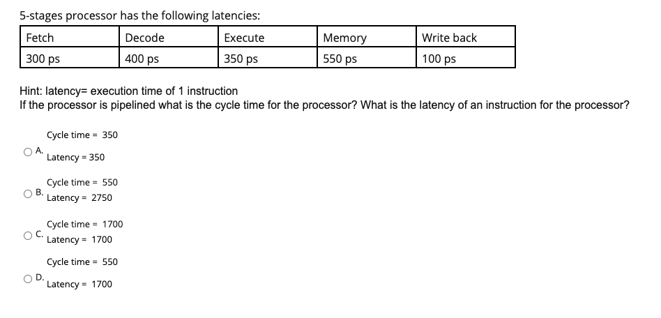 Solved 5-stages processor has the following latencies: Fetch | Chegg.com