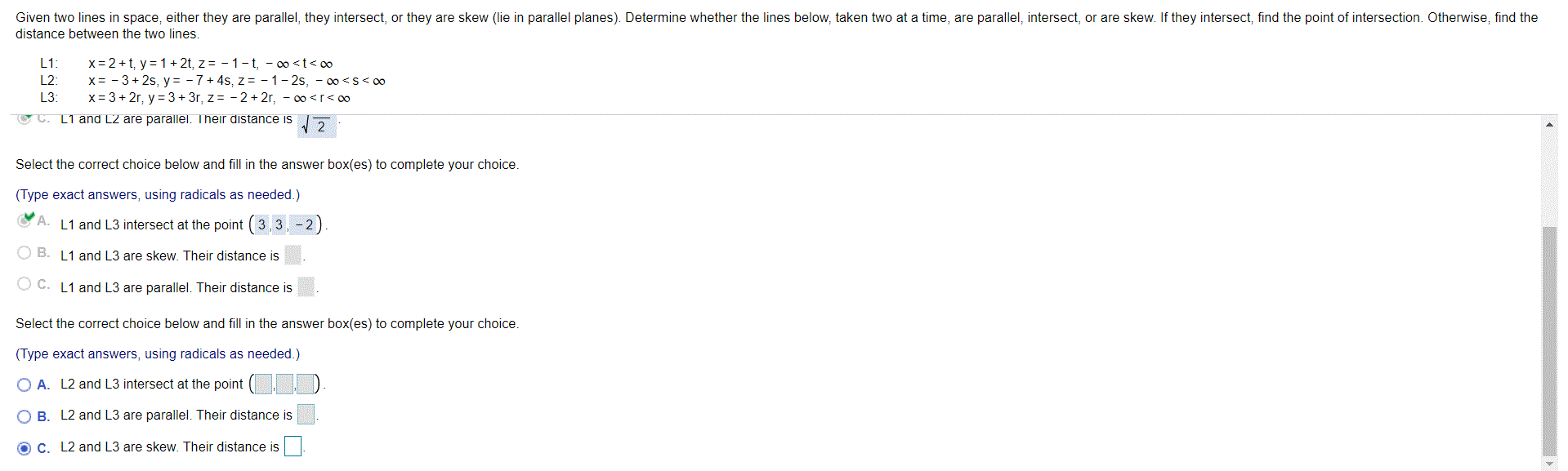 Solved Given two lines in space, either they are parallel, | Chegg.com
