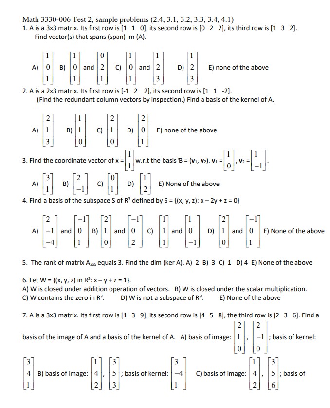 Solved Math 3330-006 Test 2, sample problems | Chegg.com