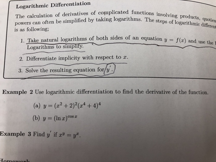 Solved Logarithmic Differentiation The calculation of | Chegg.com