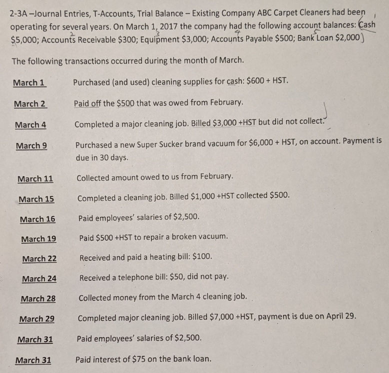 Solved 2-3A -Journal Entries, T-Accounts, Trial Balance - | Chegg.com