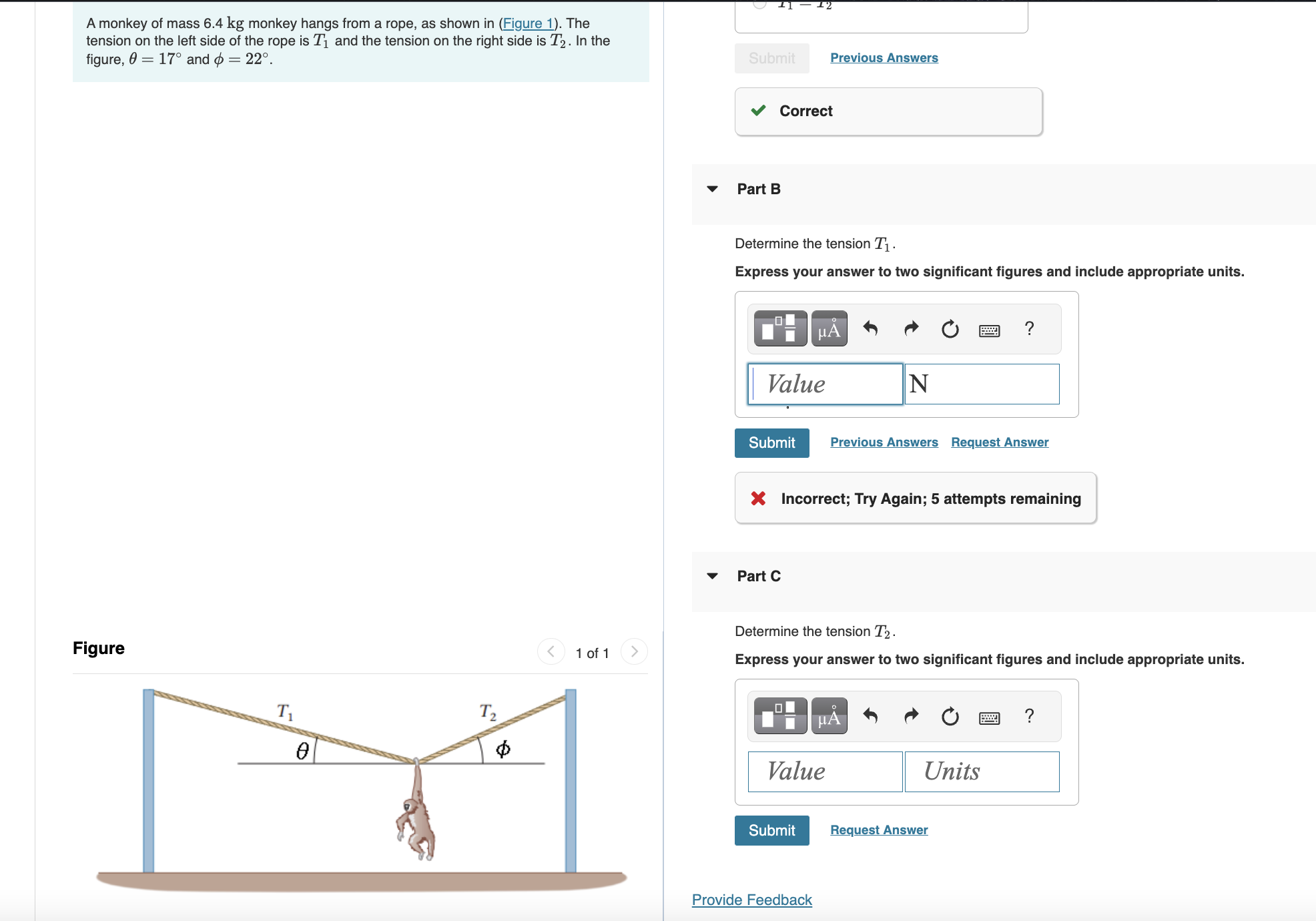 Solved A monkey of mass 6.4 kg monkey hangs from a rope, as | Chegg.com