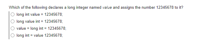 Solved Which of the following declares a long integer named | Chegg.com