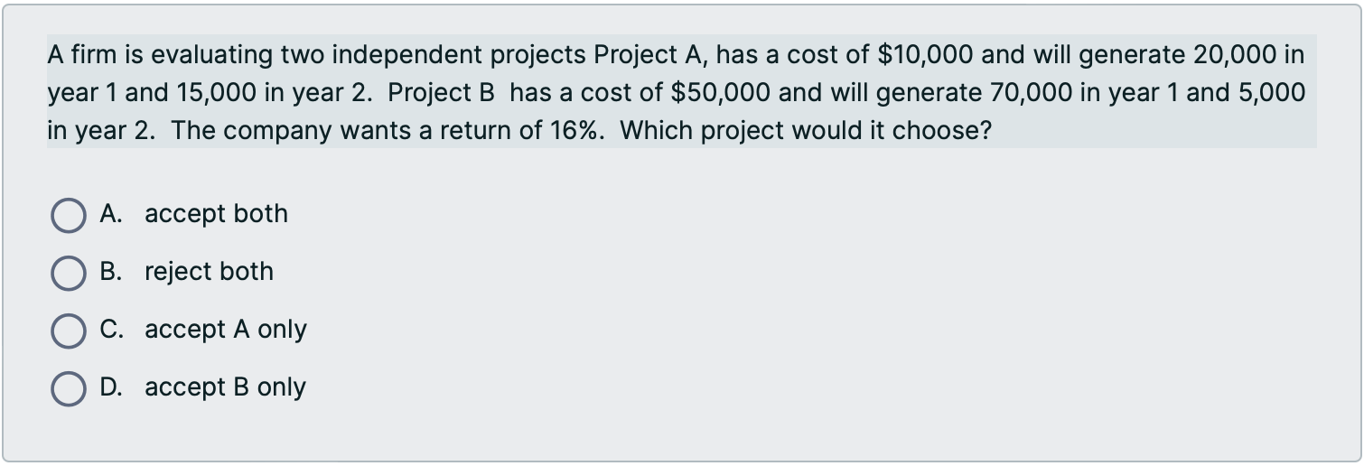 Solved A firm is evaluating two independent projects Project | Chegg.com
