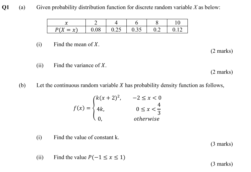 Solved Q1 (a) Given probability distribution function for | Chegg.com