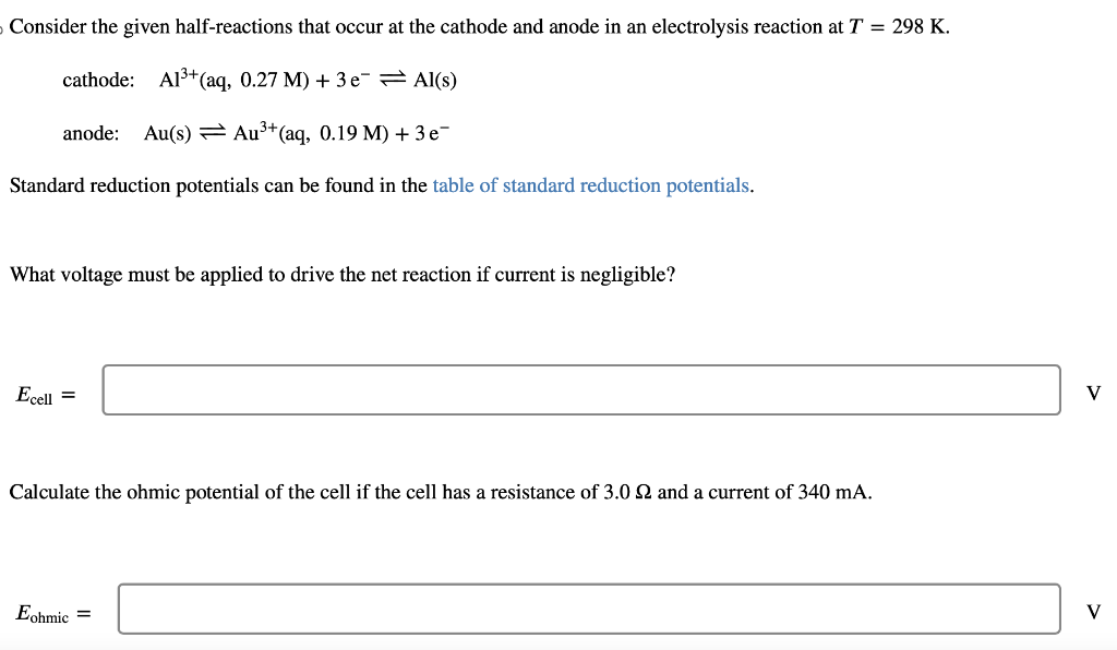 Solved Consider the given half-reactions that occur at the | Chegg.com