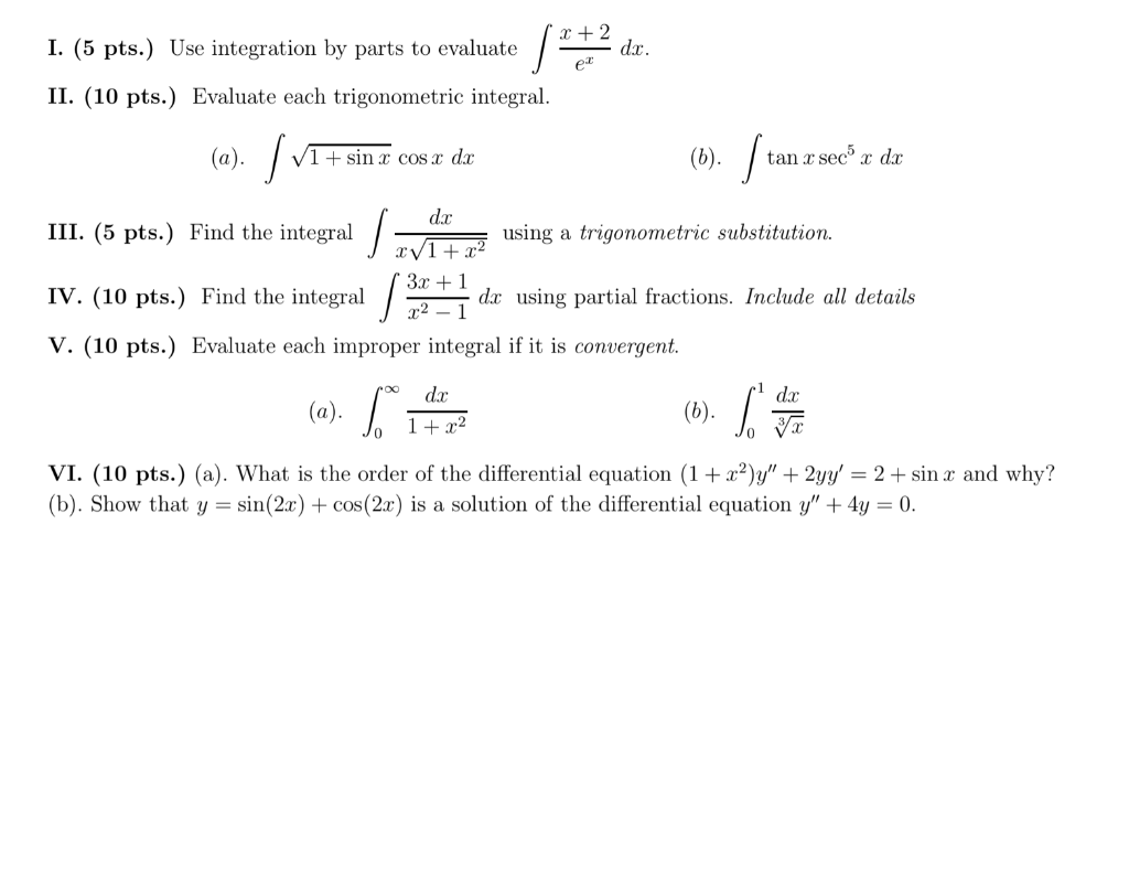 Solved X + 2 I. (5 pts.) Use integration by parts to | Chegg.com