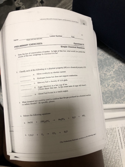 Solved Locker Number PRELIMINARY EXERCISES: Experiment | Chegg.com
