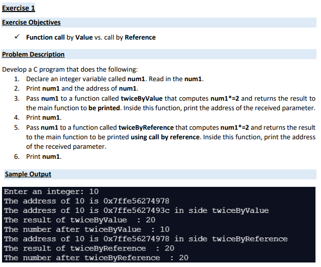Solved Exercise 1 Exercise Objectives Function call by | Chegg.com