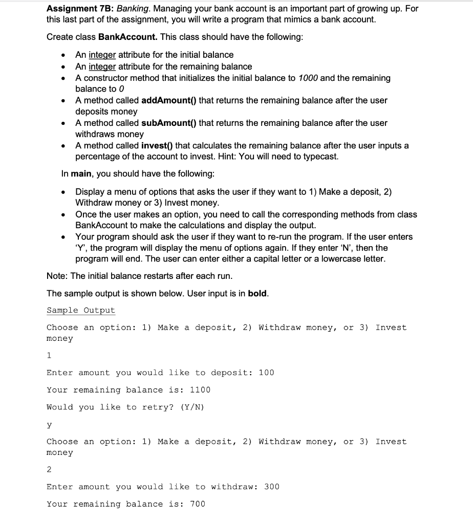 Solved Assignment 7B: Banking. Managing your bank account is | Chegg.com