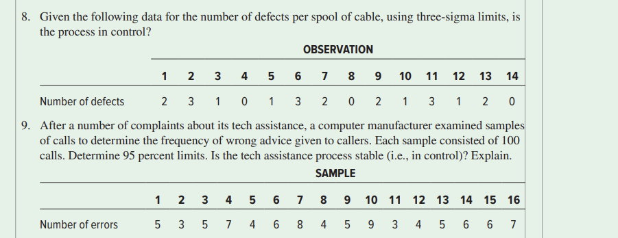 Solved 8. Given the following data for the number of defects | Chegg.com
