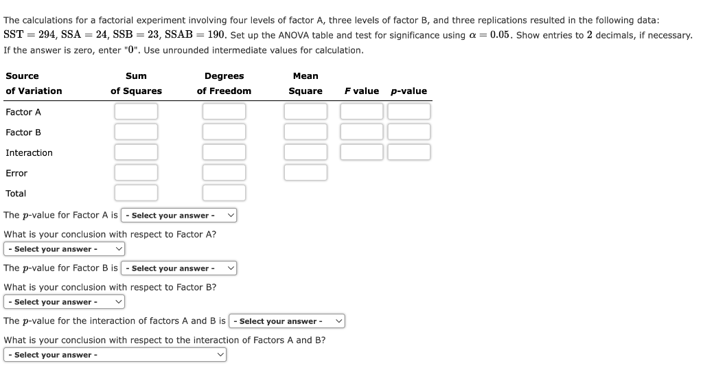 Solved The calculations for a factorial experiment involving | Chegg.com