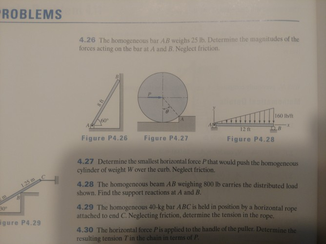 Solved ROBLEMS 4.26 The homogeneous bar AB weighs 25 lb. | Chegg.com Solved ROBLEMS 4.26 The homogeneous bar AB weighs 25 lb. | Chegg.com