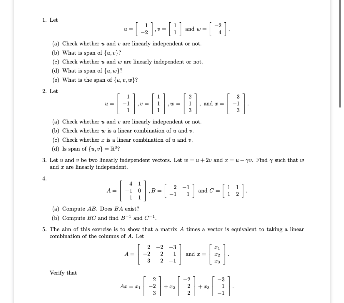 Solved 1. Let u=[1−2],v=[11] and w=[−24] (a) Check whether u | Chegg.com