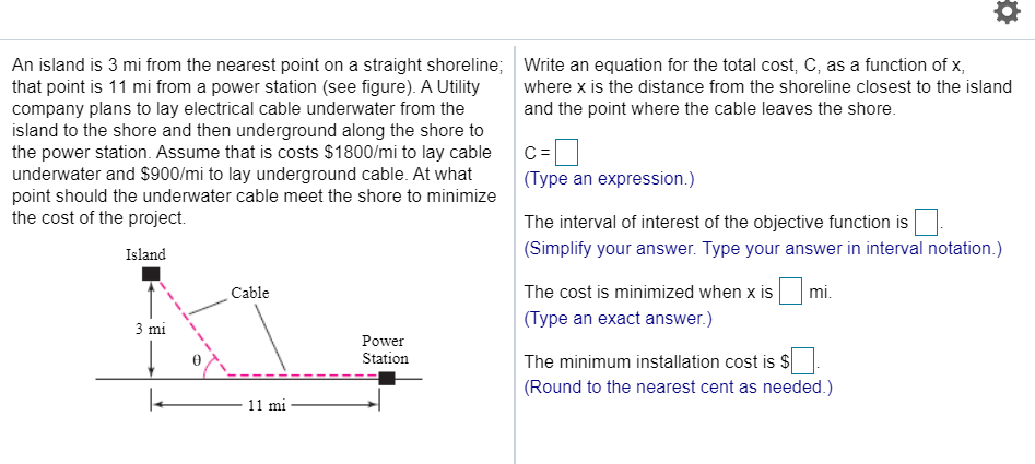 Solved An island is 3 mi from the nearest point on a | Chegg.com