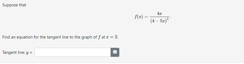 Solved Suppose thatf(x)=4x(4-5x)5.Find an equation for the | Chegg.com