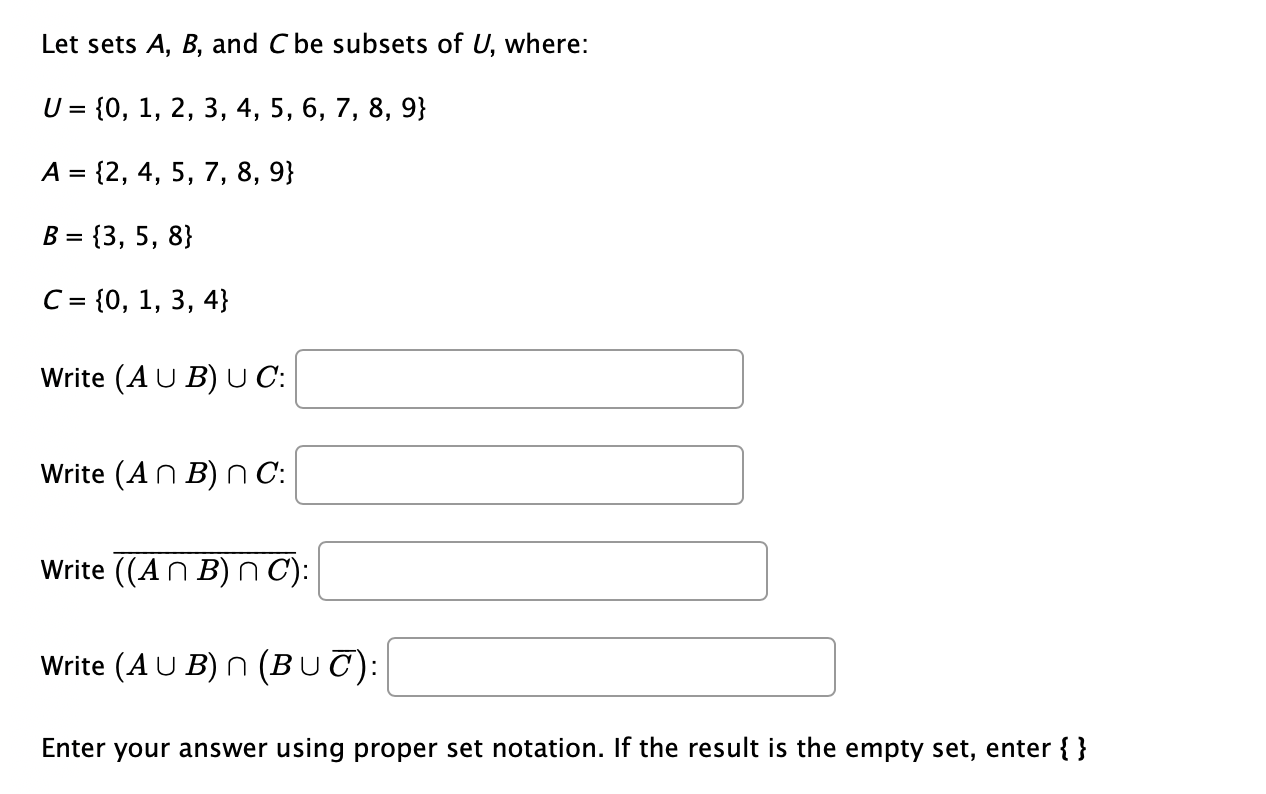 Solved Let sets A,B, and C be subsets of U, where: | Chegg.com