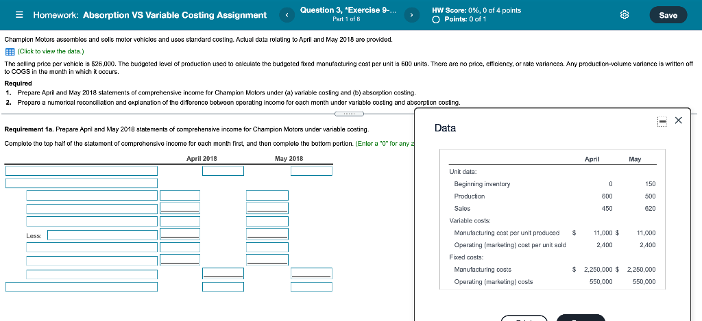 Solved Homework: Absorption VS Variable Costing Assignment | Chegg.com