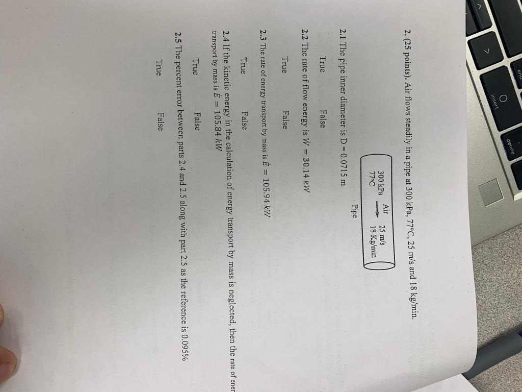 Solved 2. ( 25 points). Air flows steadily in a pipe at | Chegg.com