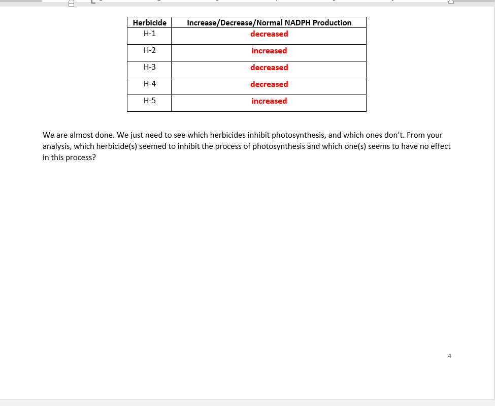 Solved | Herbicide H-1 Increase/Decrease/Normal NADPH | Chegg.com