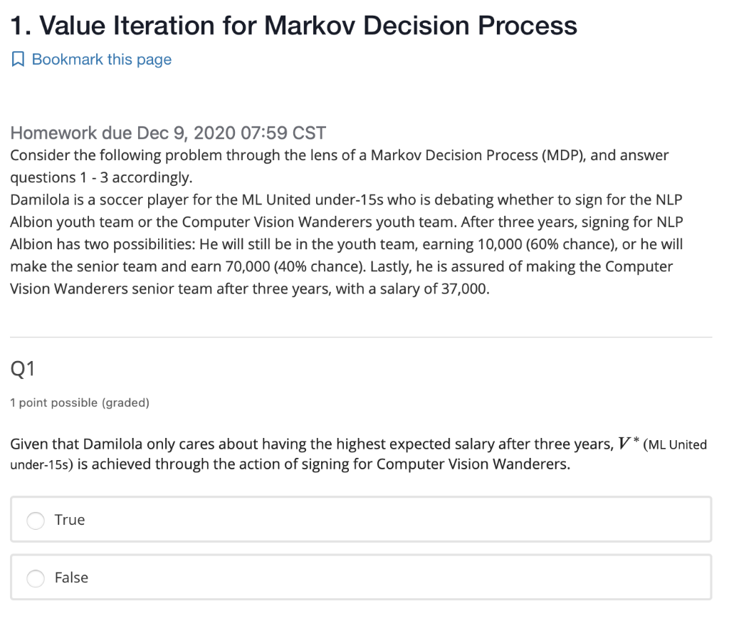 1. Value Iteration for Markov Decision Process | Chegg.com