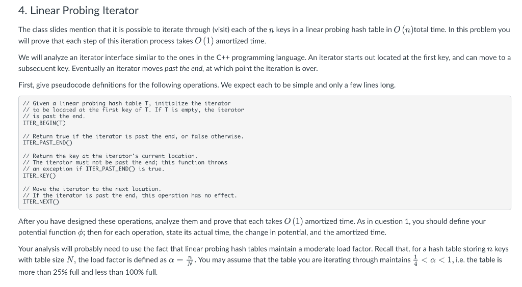 Solved 4. Linear Probing Iterator The class slides mention | Chegg.com
