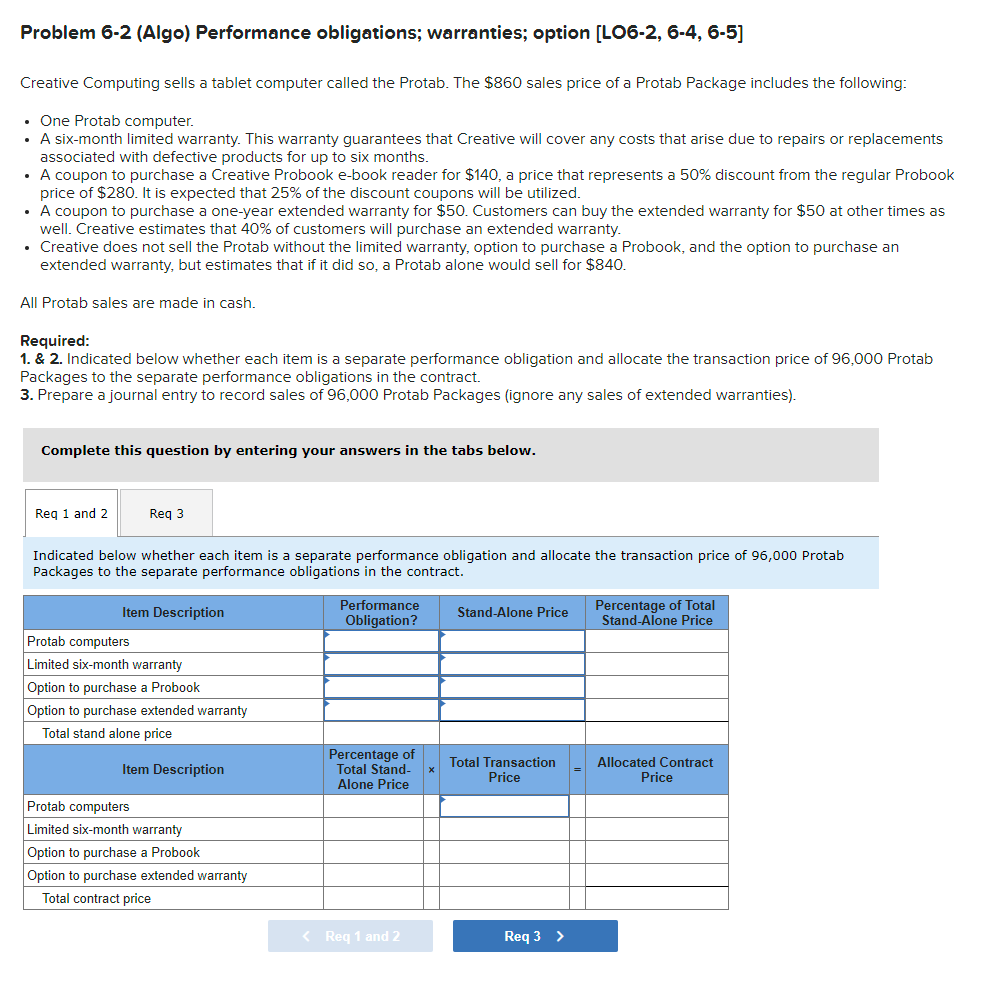Solved Problem 6-2 (Algo) Performance obligations; | Chegg.com Solved Problem 6-2 (Algo) Performance obligations; | Chegg.com