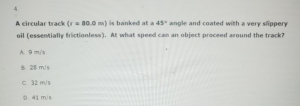 Solved A circular track (r=80.0 m) is banked at a 45∘ angle | Chegg.com