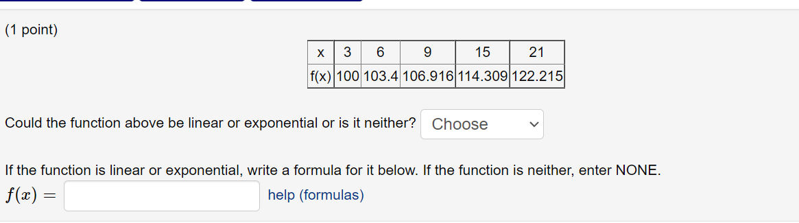 Solved (1 point) X 3 6 9 15 21 f(x) 100 103.4 106.916 | Chegg.com