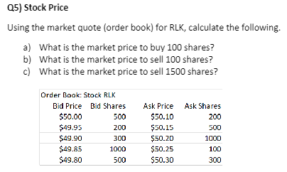 Solved Q5) Stock Price Using the market quote (order book) | Chegg.com