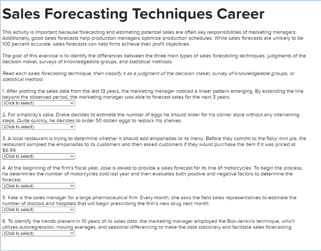 Sales Forecasting Techniques Career This activity is | Chegg.com