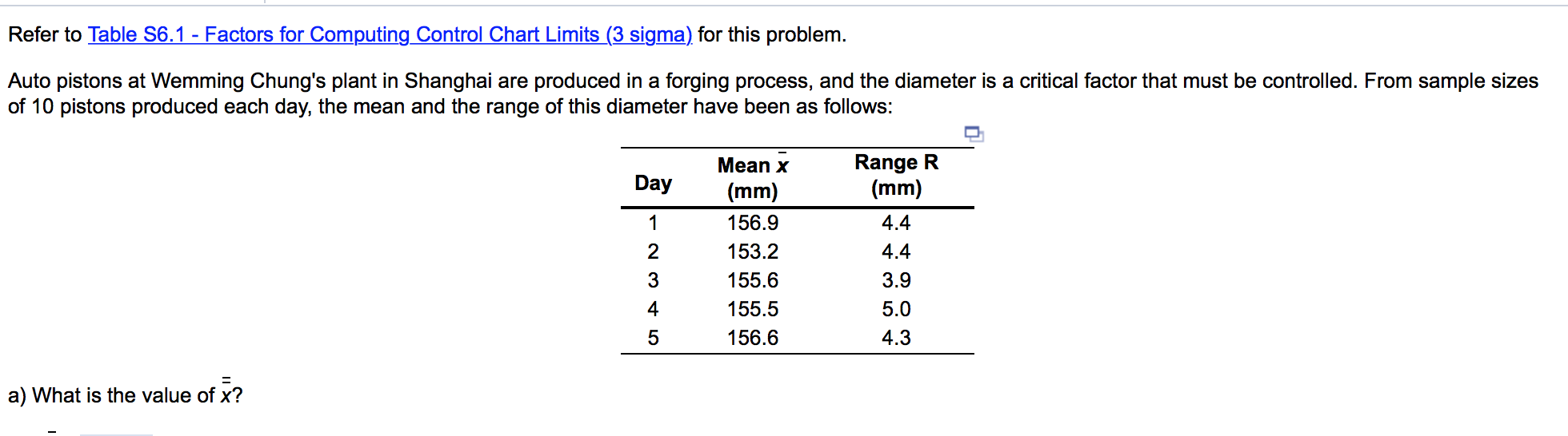Refer To Table S6 1 Factors For Computing Control Chart Limits 3 Sigma For This Problem 