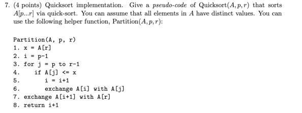Solved 7. (4 points) Quicksort implementation. Give a | Chegg.com