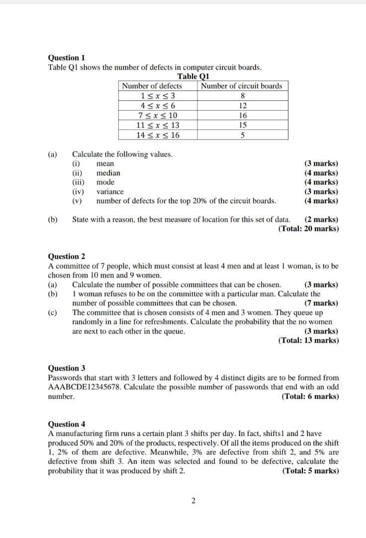 Solved Question 1 Table Q1 shows the number of defects in | Chegg.com