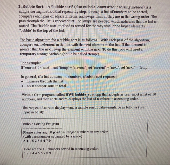 Solved 2. Bubble Sort: A 'bubble sort' (also called a | Chegg.com