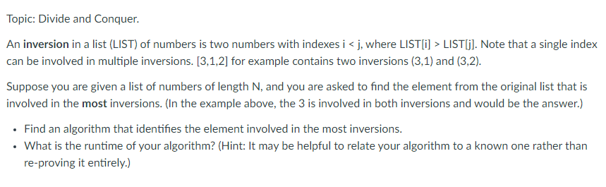 Solved Topic: Divide and Conquer. An inversion in a list | Chegg.com