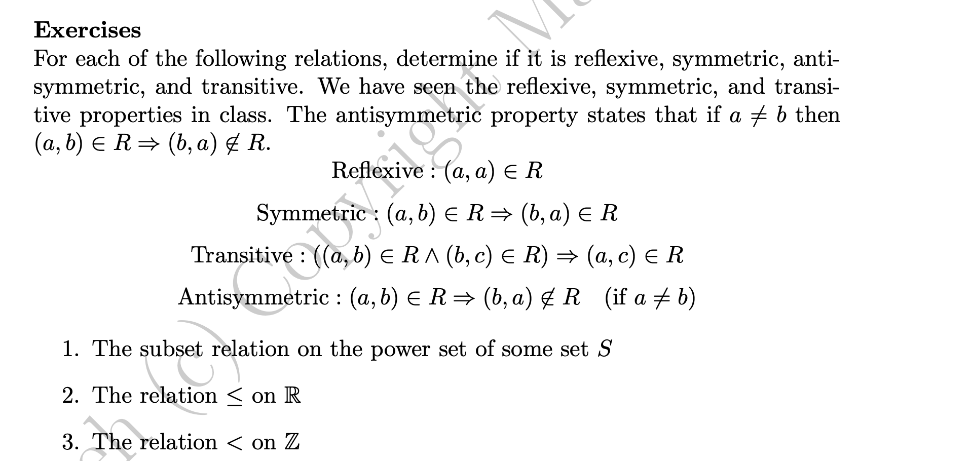 Solved Exercises For each of the following relations, | Chegg.com