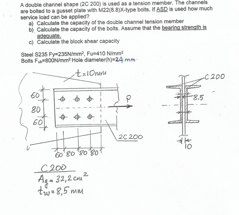 Solved A double channel shape (2C 200) is used as a tension | Chegg.com
